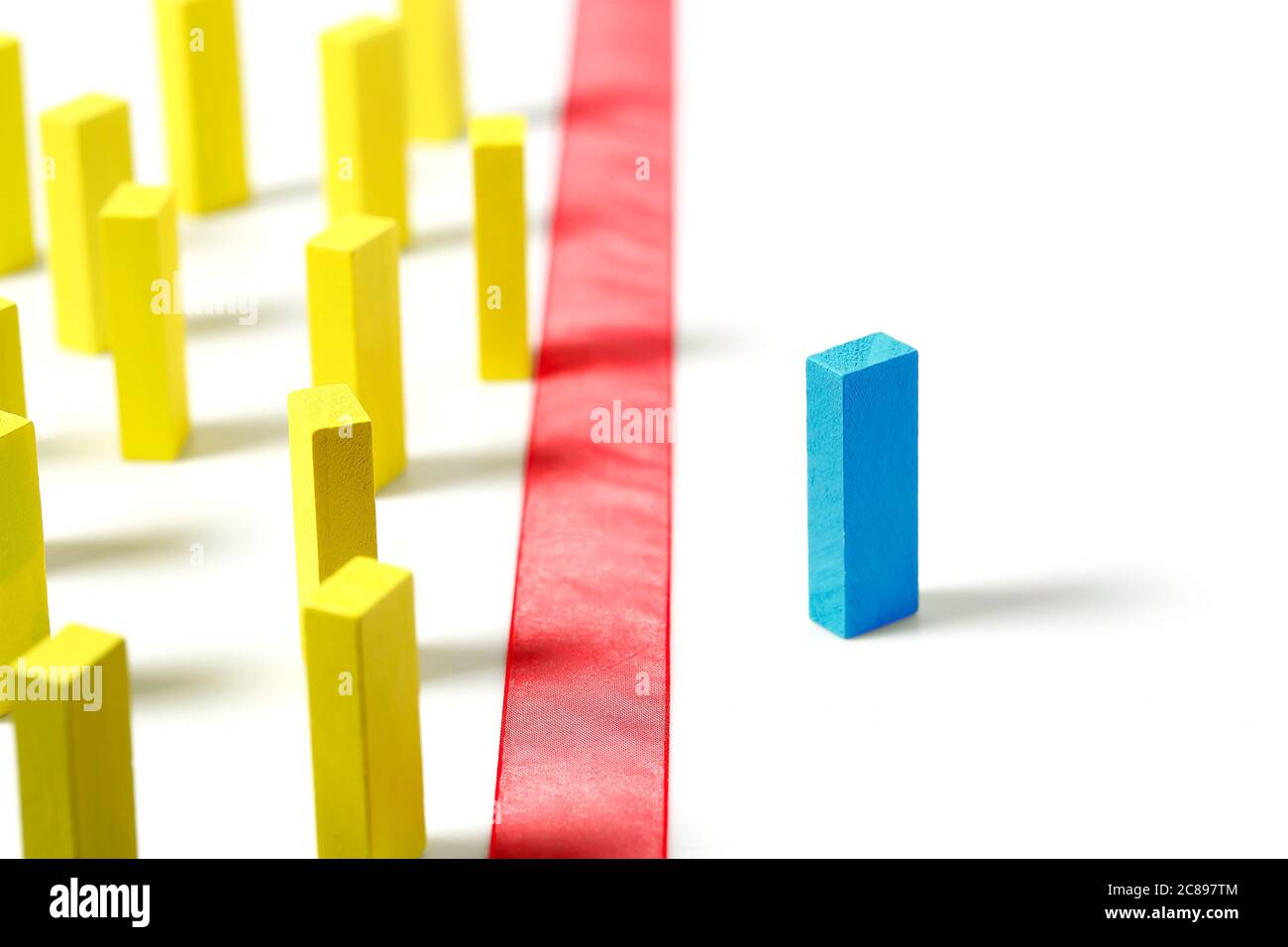 red line between yellow wooden blocks and blue one, concept for ...