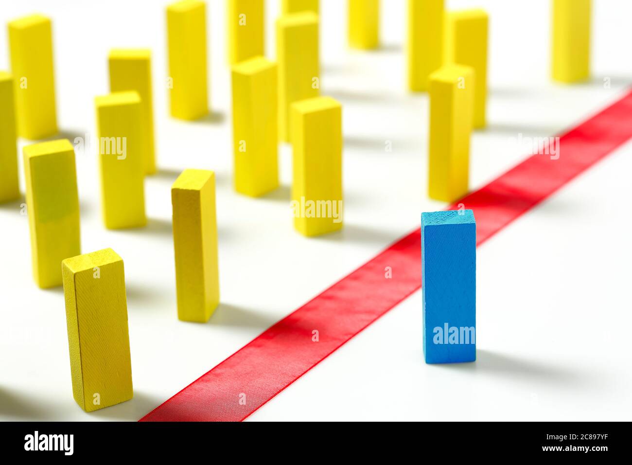 red line between yellow wooden blocks and blue one, concept for ...