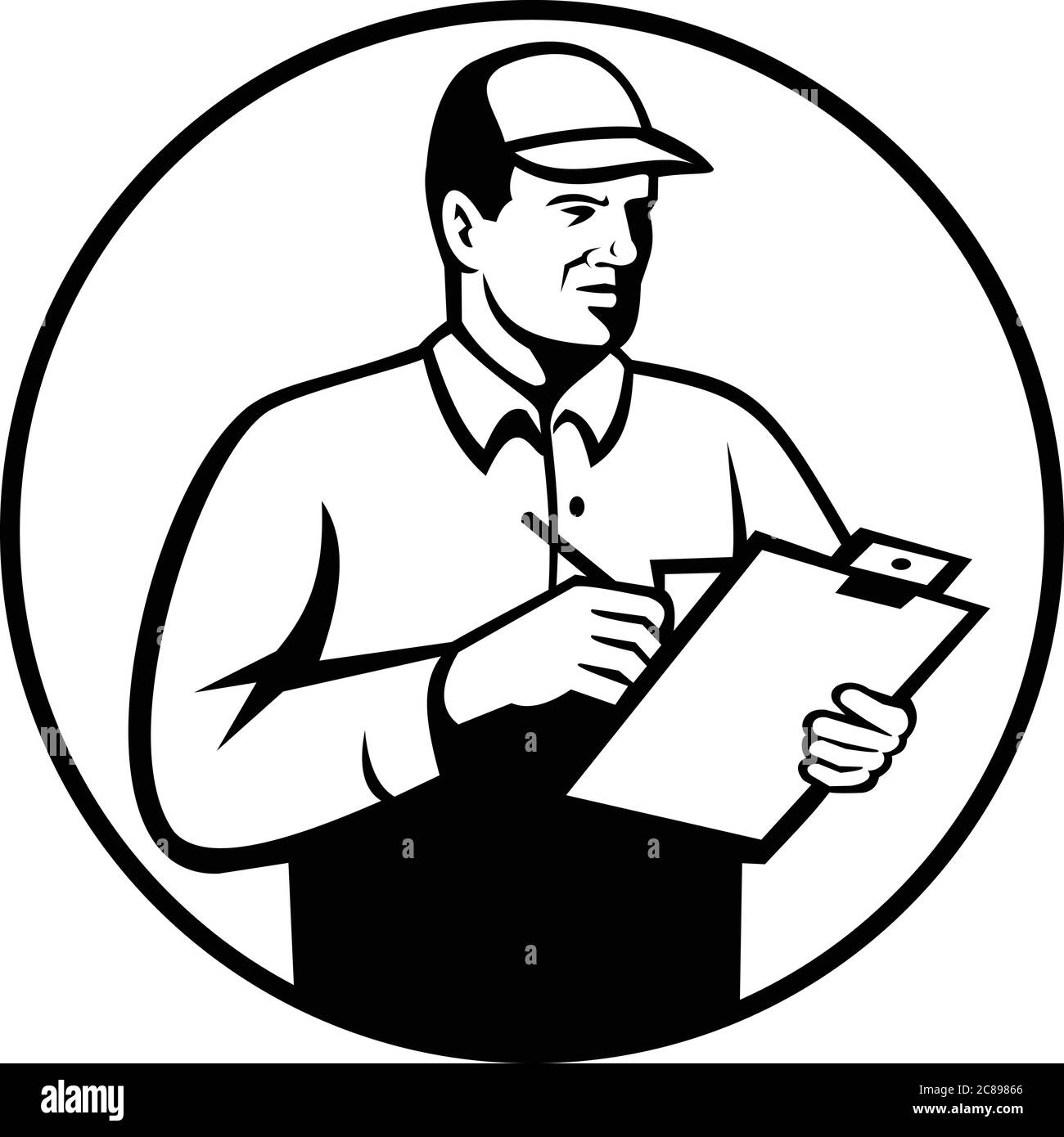 Retro style illustration of an inspector or technician with clipboard ...