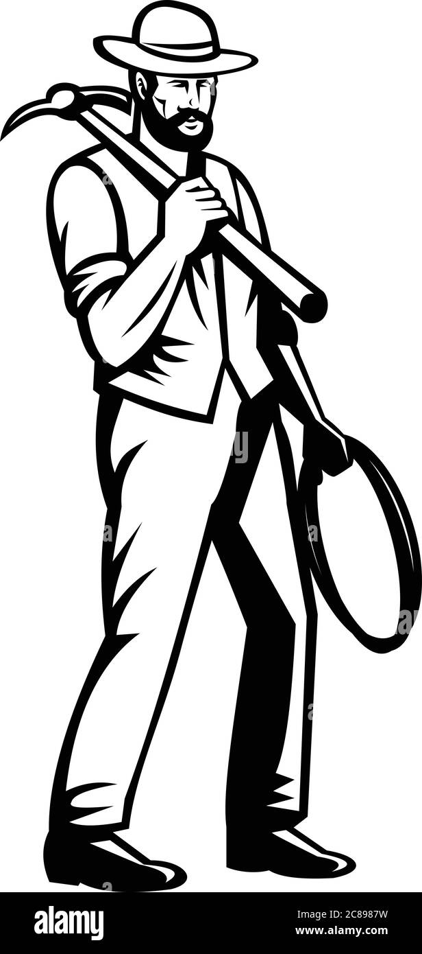 Retro style illustration of vintage miner or prospector with pickax and ...