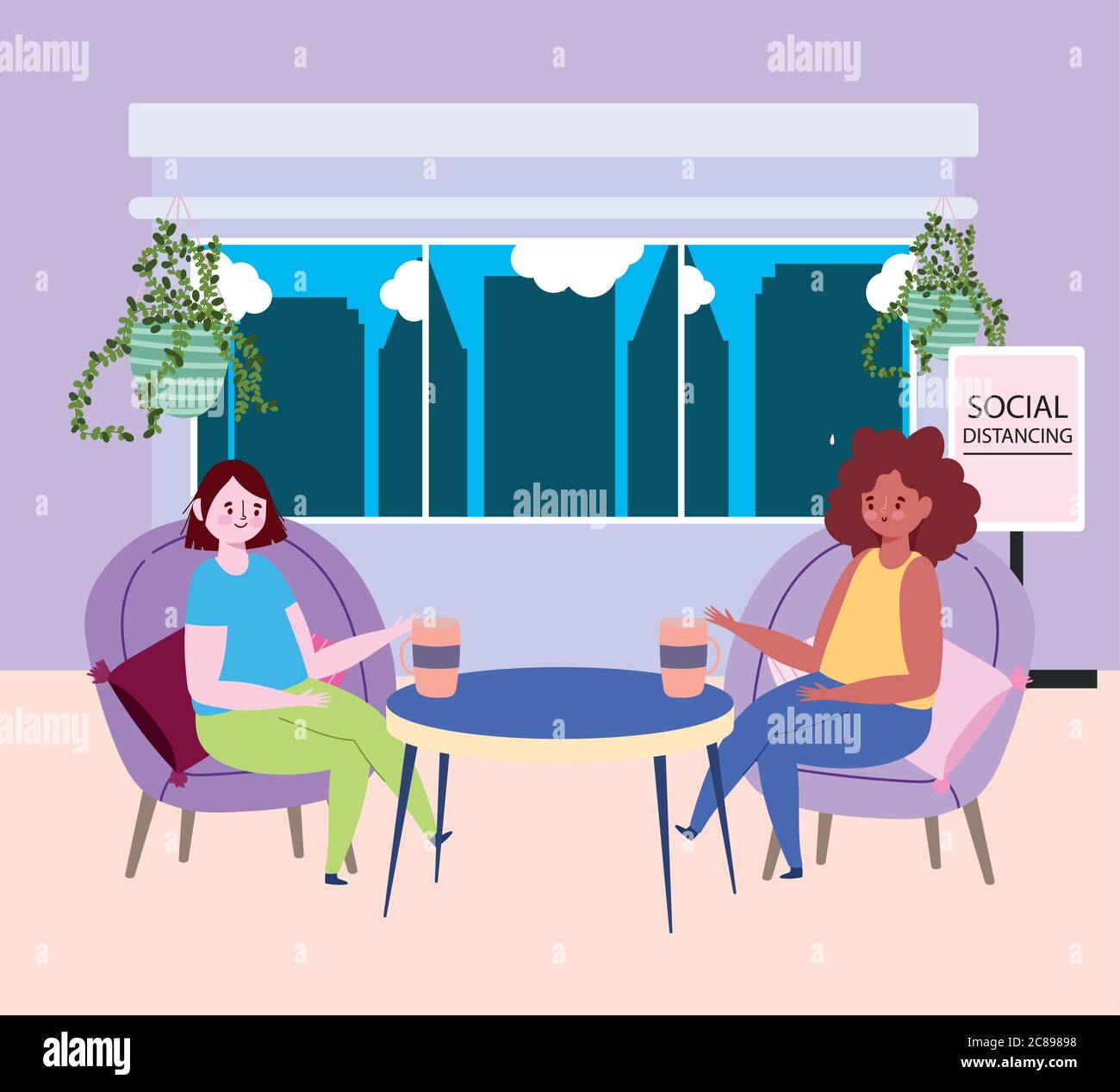social distancing restaurant or a cafe, young womne drinking coffee ...