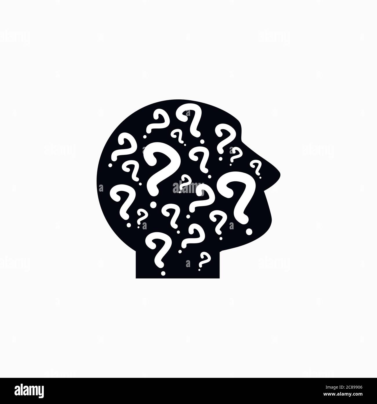 Silhouette of man's head with question marks. Thinking pictogram. What ...