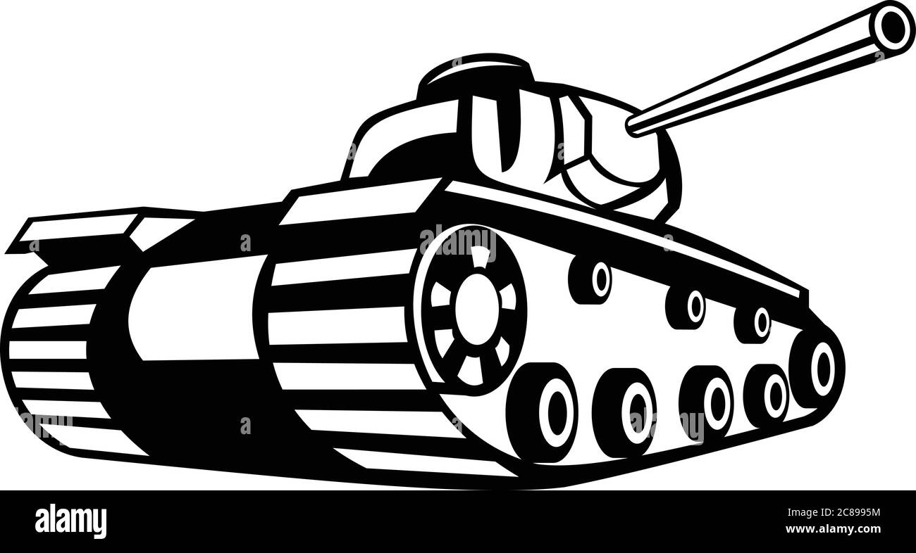 Retro black and white style illustration of World War Two battle tank ...