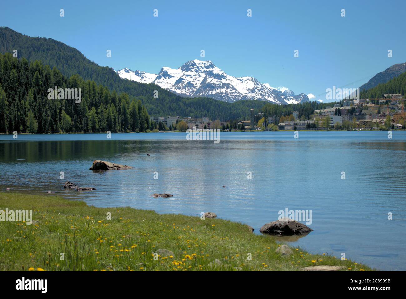 Mountain panorama at the lake of Saint Moritz Stock Photo - Alamy
