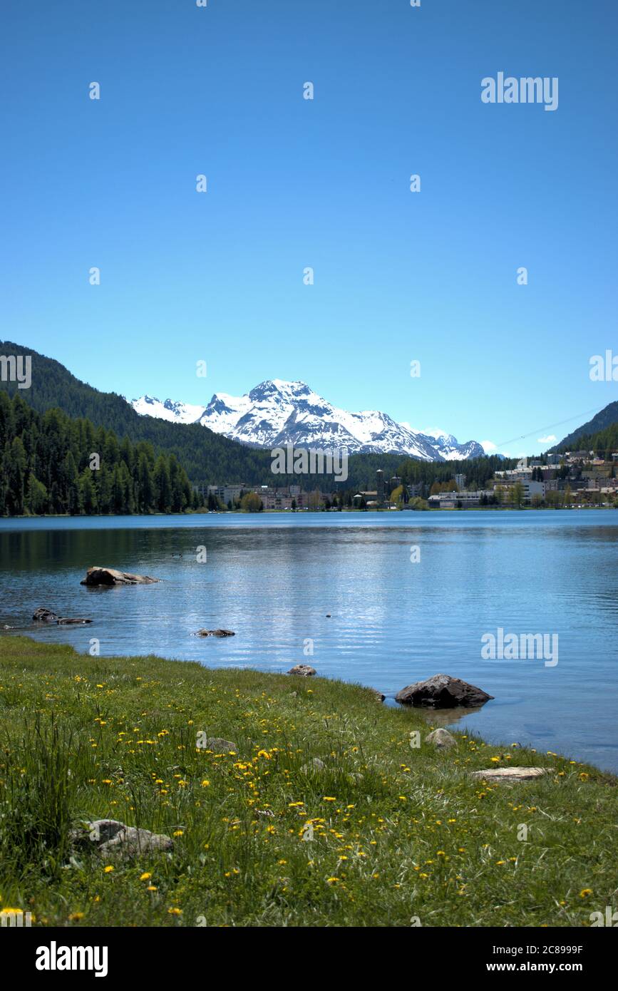 Mountain panorama at the lake of Saint Moritz Stock Photo - Alamy