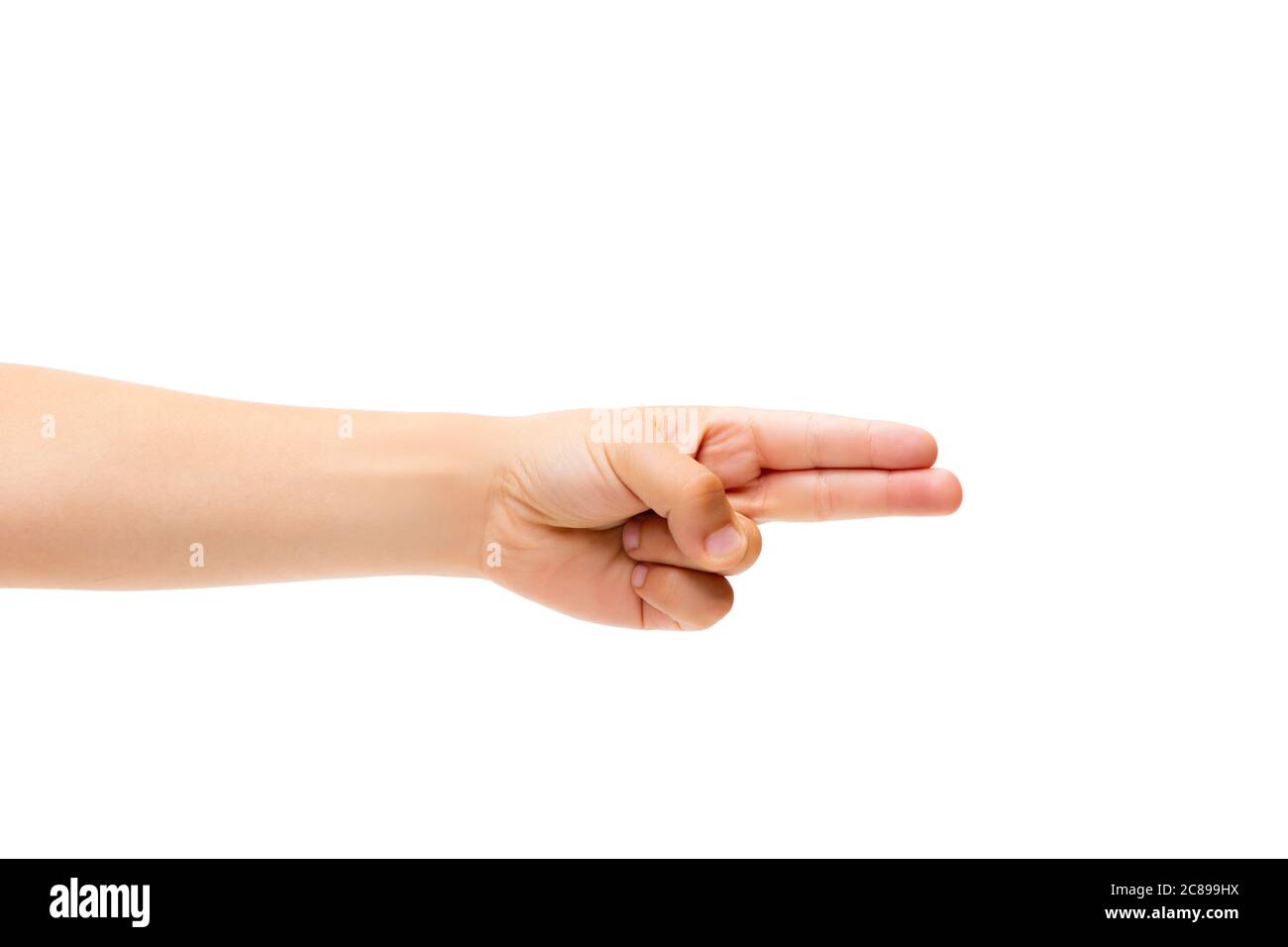 Pointing. Children's hand, palm gesturing isolated on white studio ...
