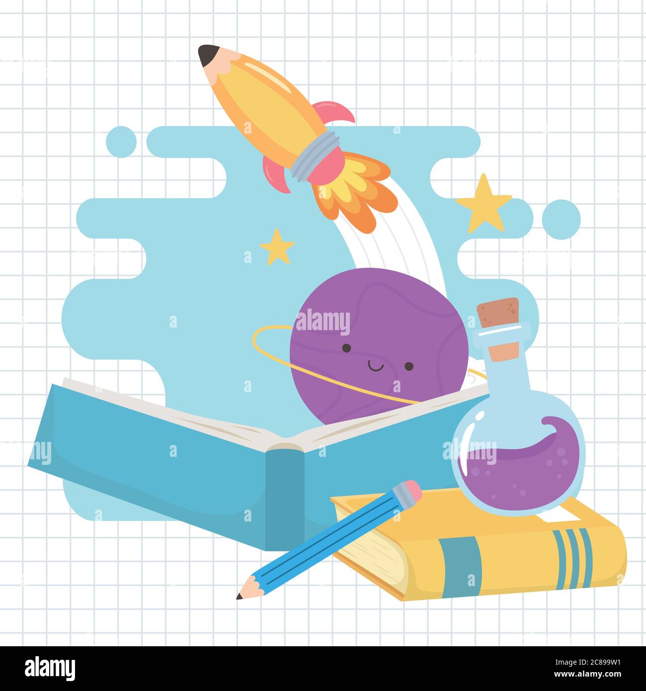 back to school, books test tube and pencil education cartoon vector ...