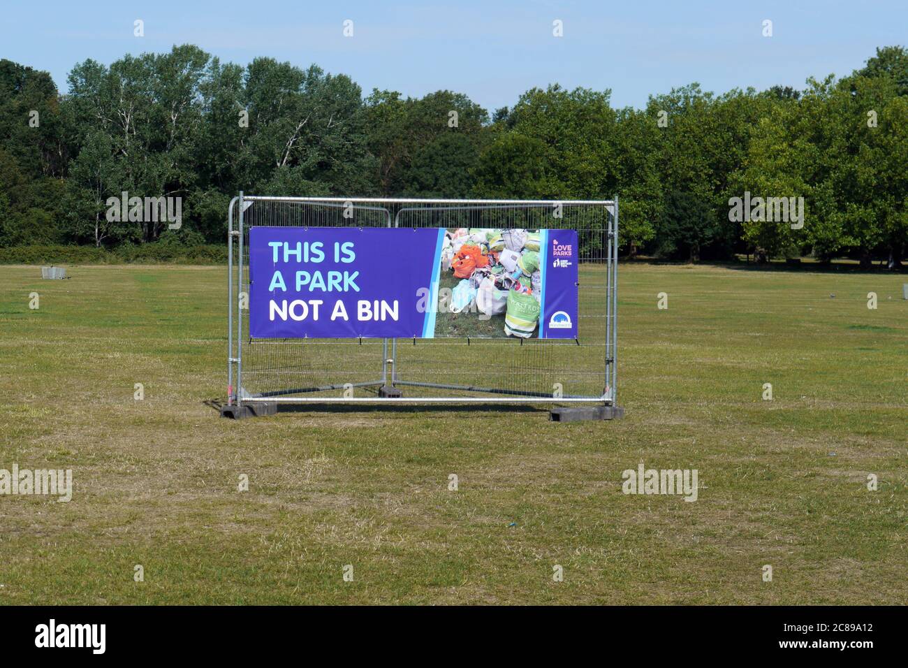 London, UK, 22 July 2020 Clear rubbish sign "This is a park not a bin ...