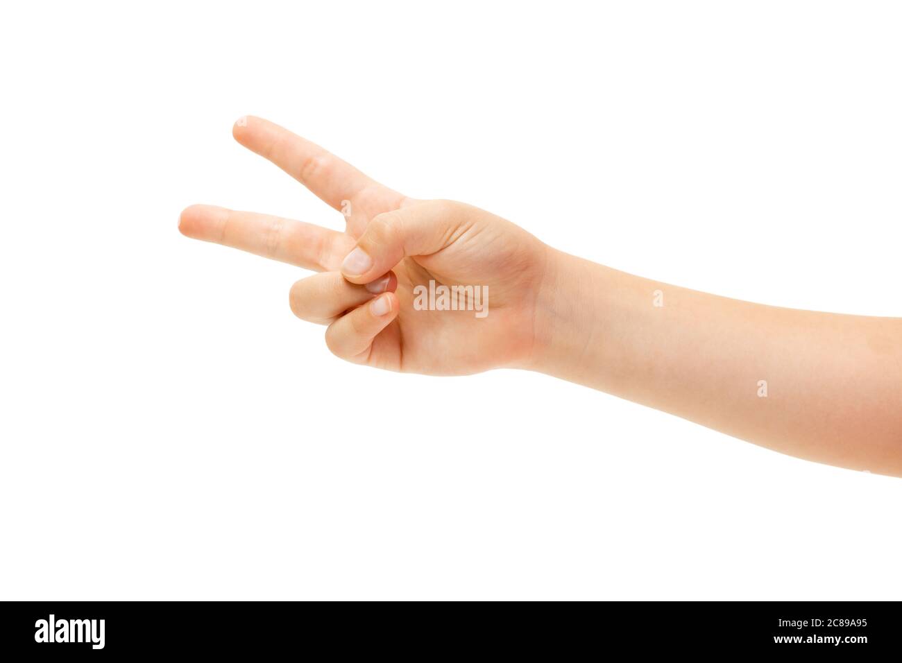Peace. Children's hand, palm gesturing isolated on white studio ...