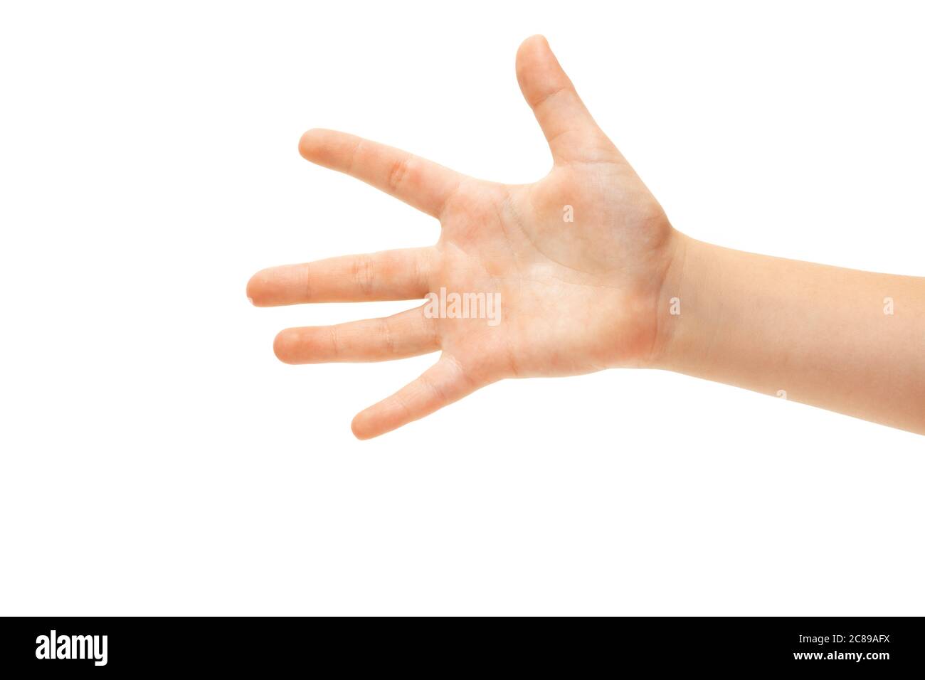 Greeting. Children's hand, palm gesturing isolated on white studio ...