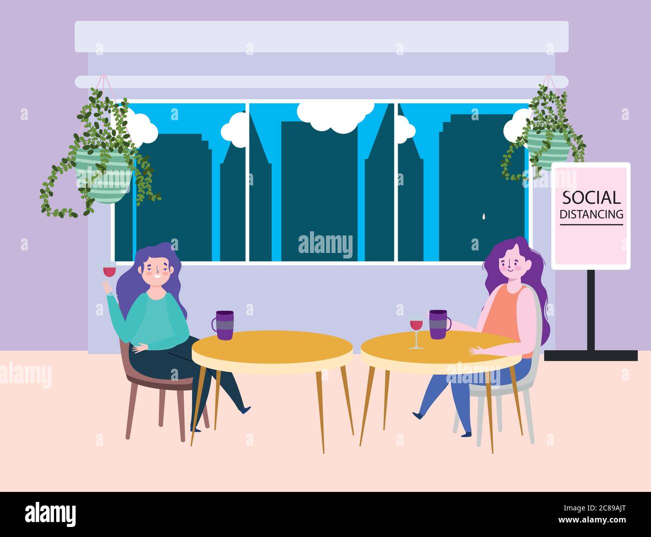 social distancing restaurant or a cafe, two single women with cups of ...