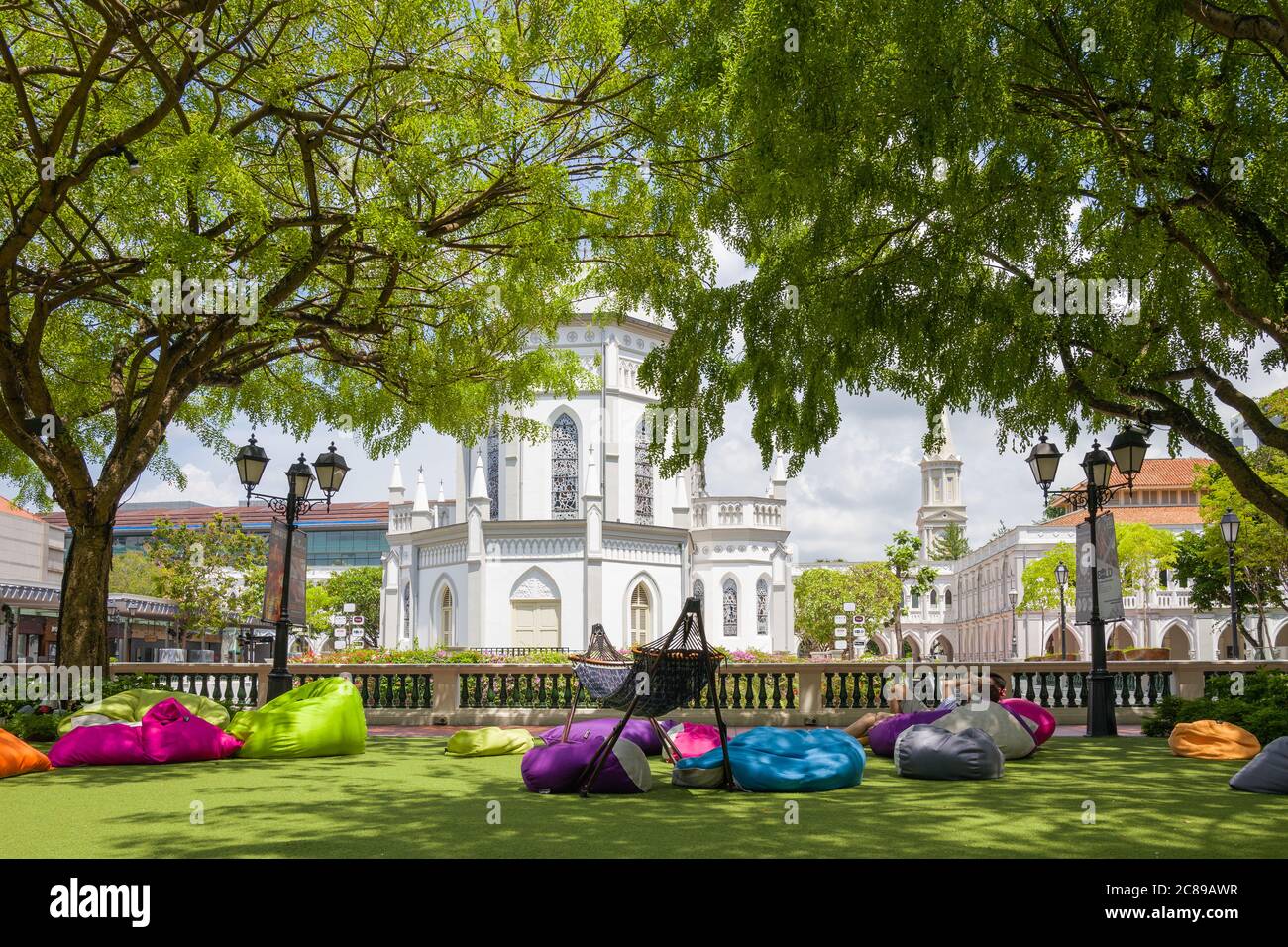Colourful photograph of bean bags on The Lawn at the Chijmes Complex ...