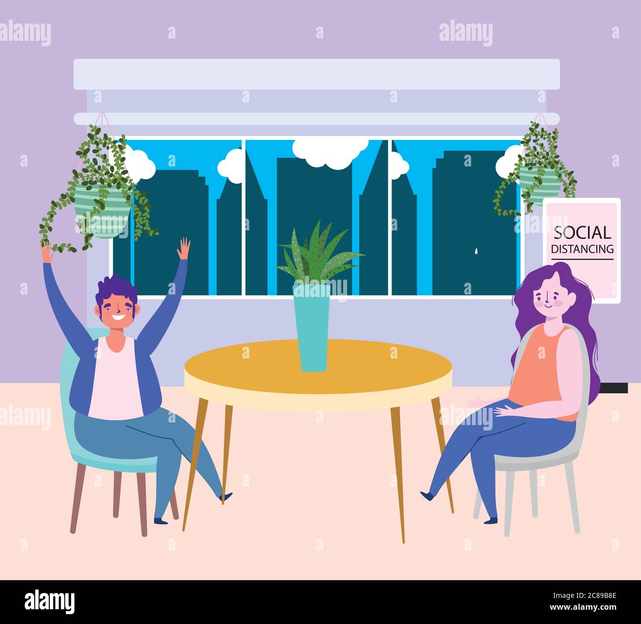 social distancing restaurant or a cafe, man and woman sitting at table ...