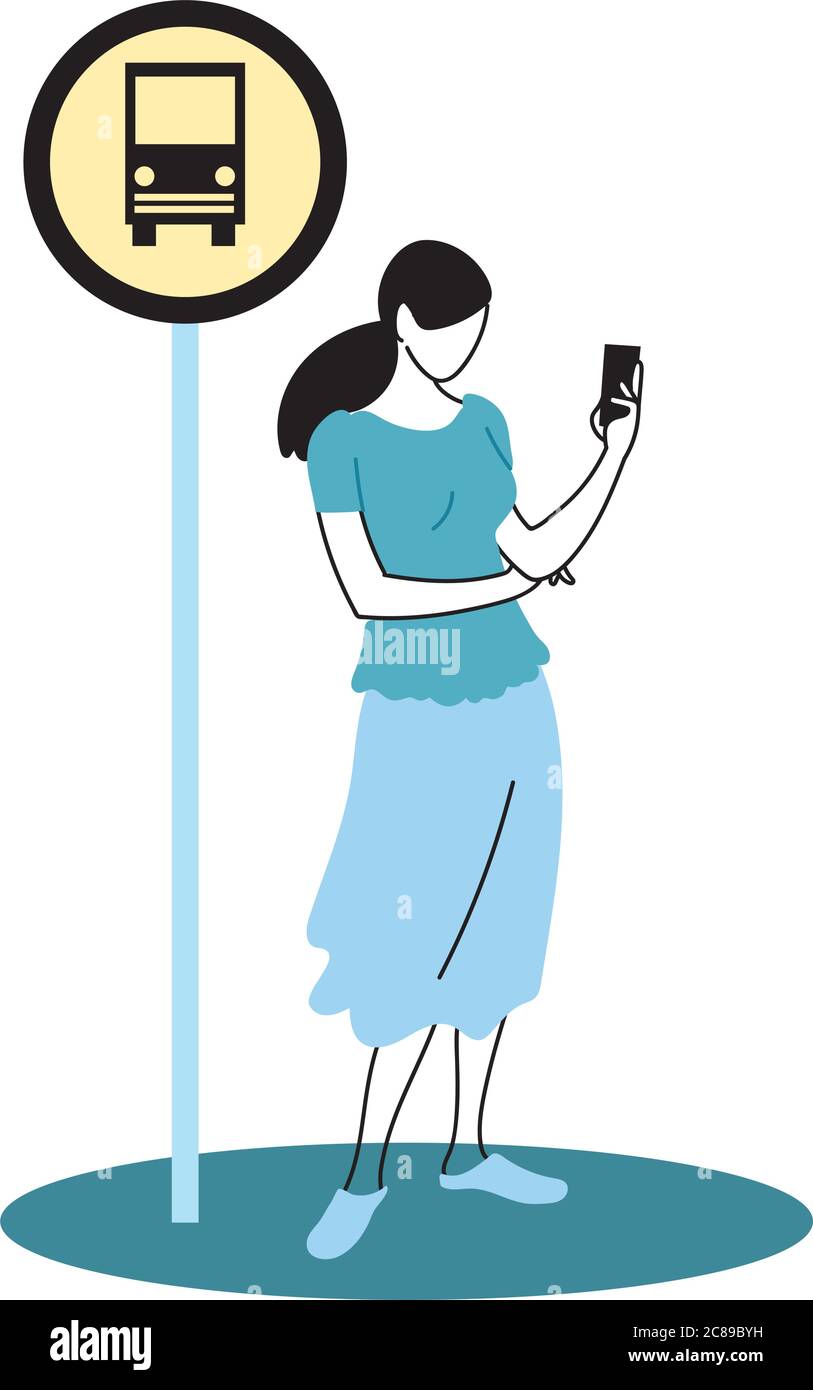 Young woman staying at the bus stop with the cell phone vector ...