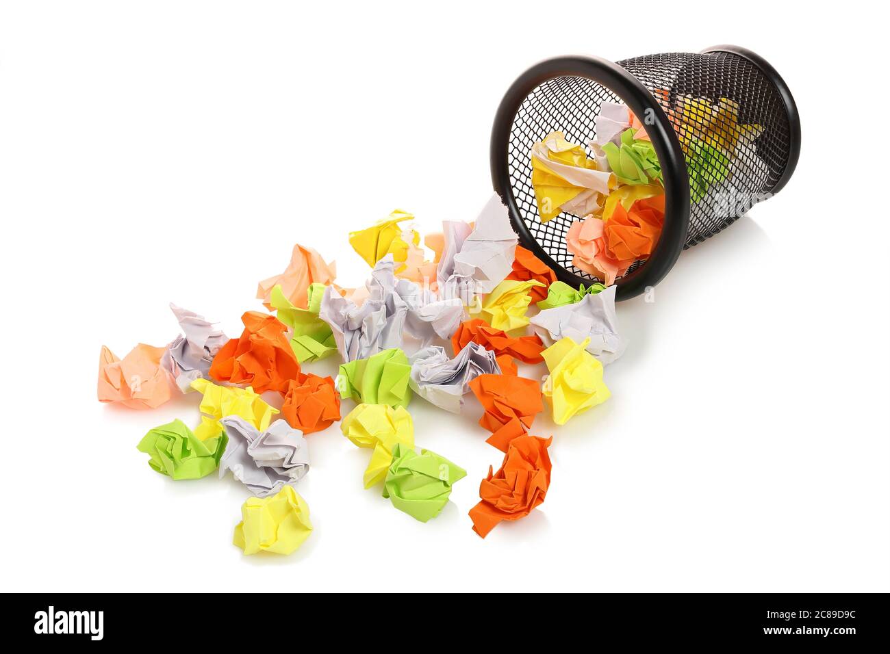 trash can with colorful and crumpled paper notes isolated on white ...