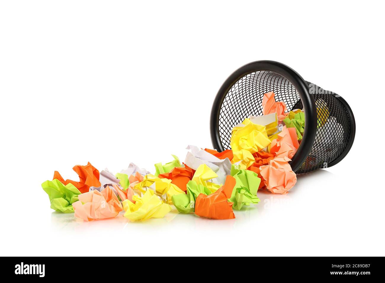 trash can with colorful and crumpled paper notes isolated on white ...