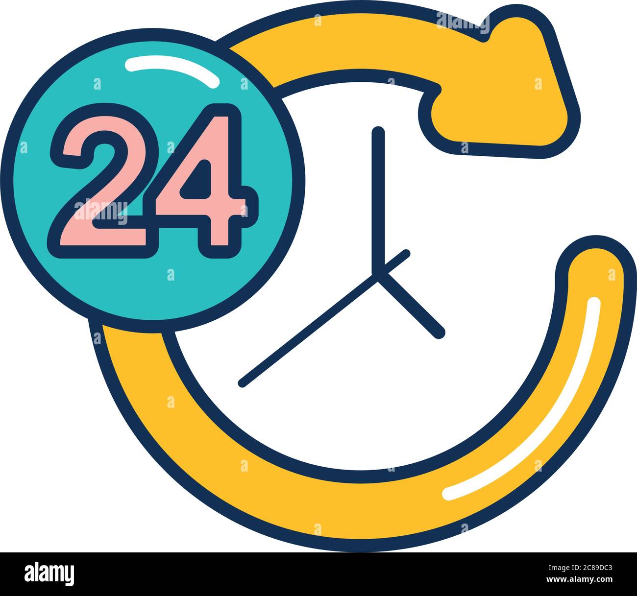 24 hours clock and circle arrow icon over white background, line fill ...