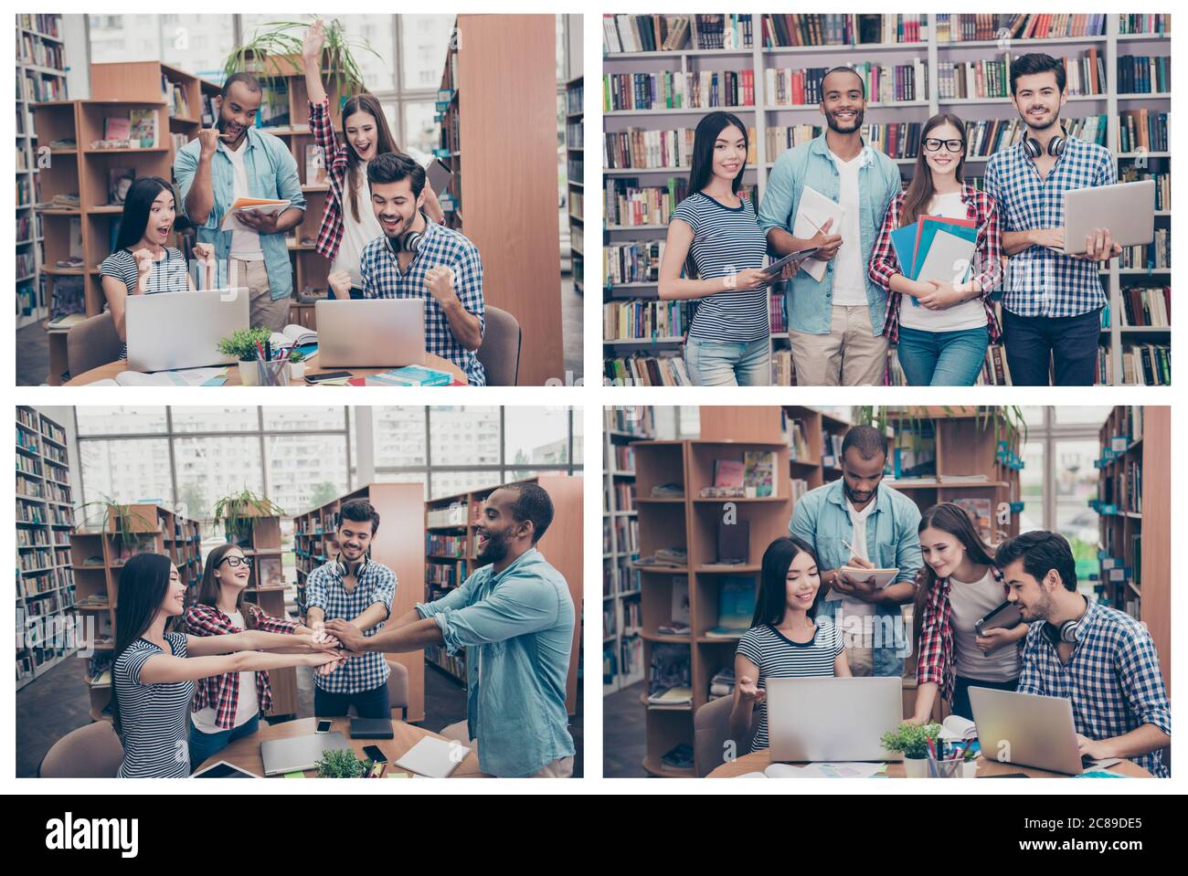 Back to university concept. Photo collage of four friends guy spending ...