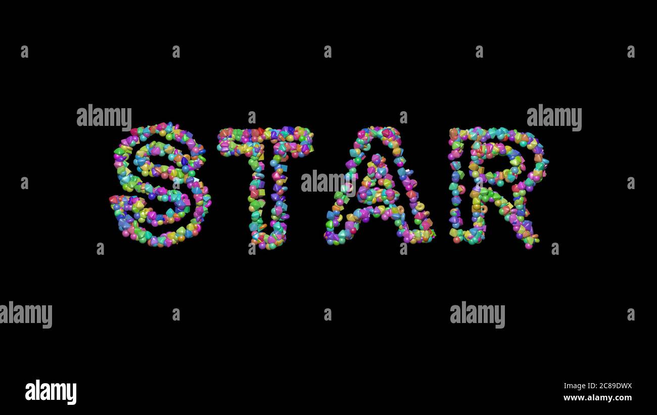Colorful 3D writing of STAR text with small objects over a dark ...