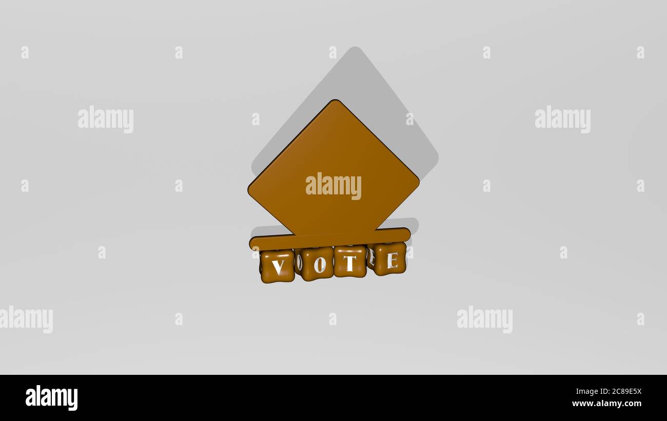 3D illustration of vote graphics and text made by metallic dice letters ...