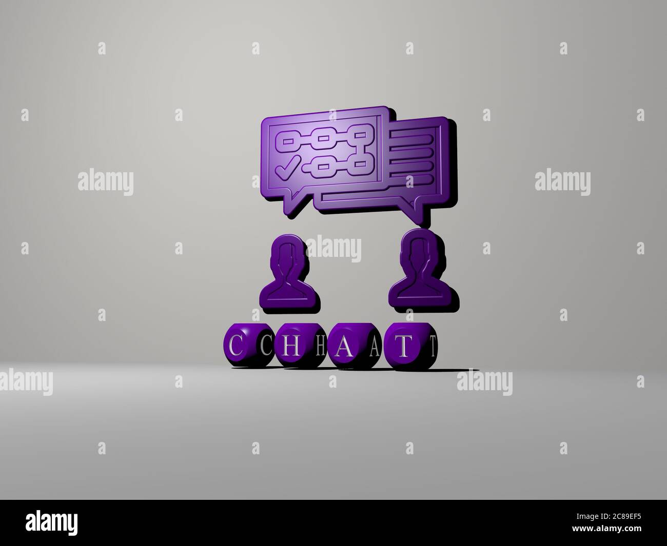 3D illustration of chat graphics and text made by metallic dice letters ...