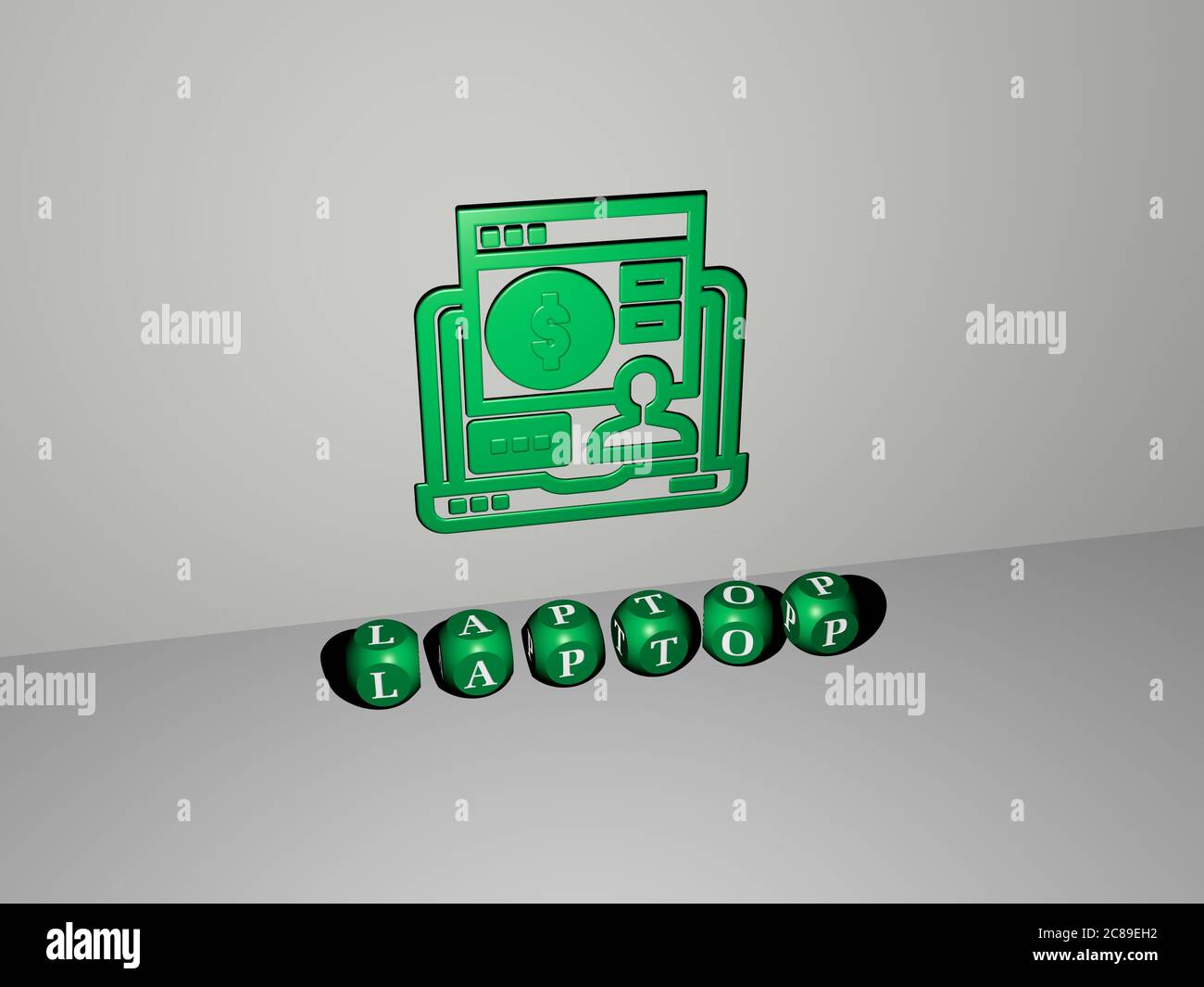 3D representation of laptop with icon on the wall and text arranged by ...