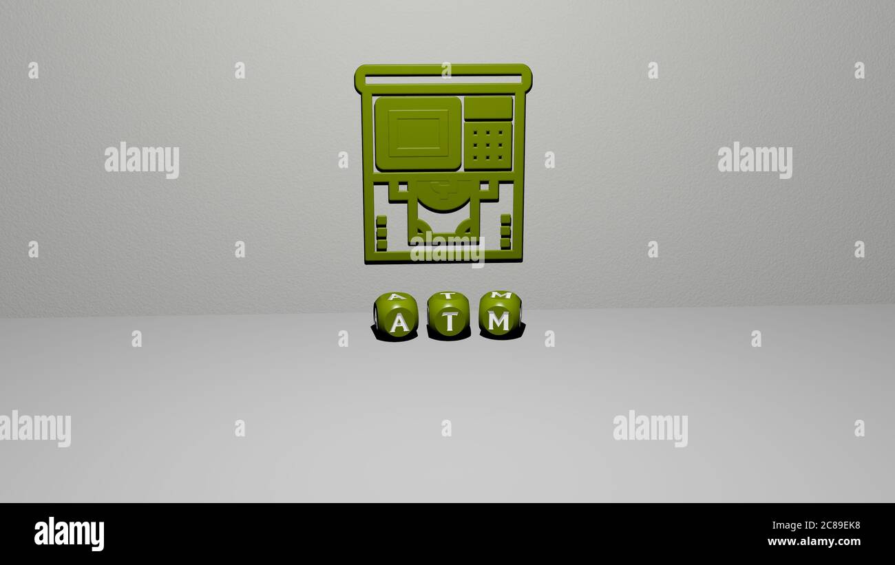 3D representation of atm with icon on the wall and text arranged by ...