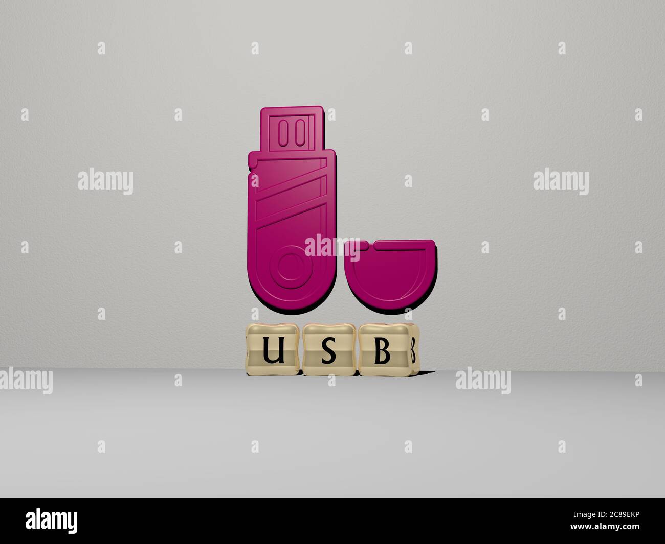 3D representation of USB with icon on the wall and text arranged by ...