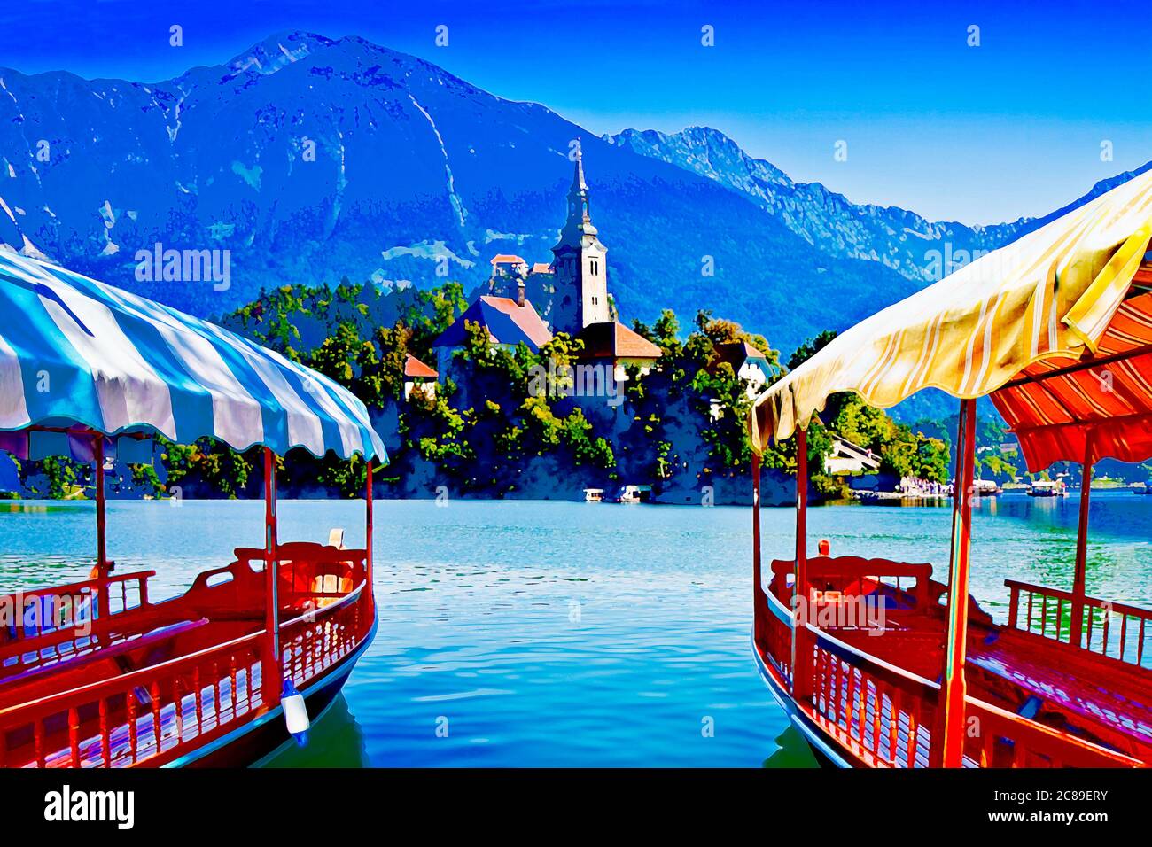 Typical wooden boats, in slovenian called Pletna, in Bled Lake, the ...