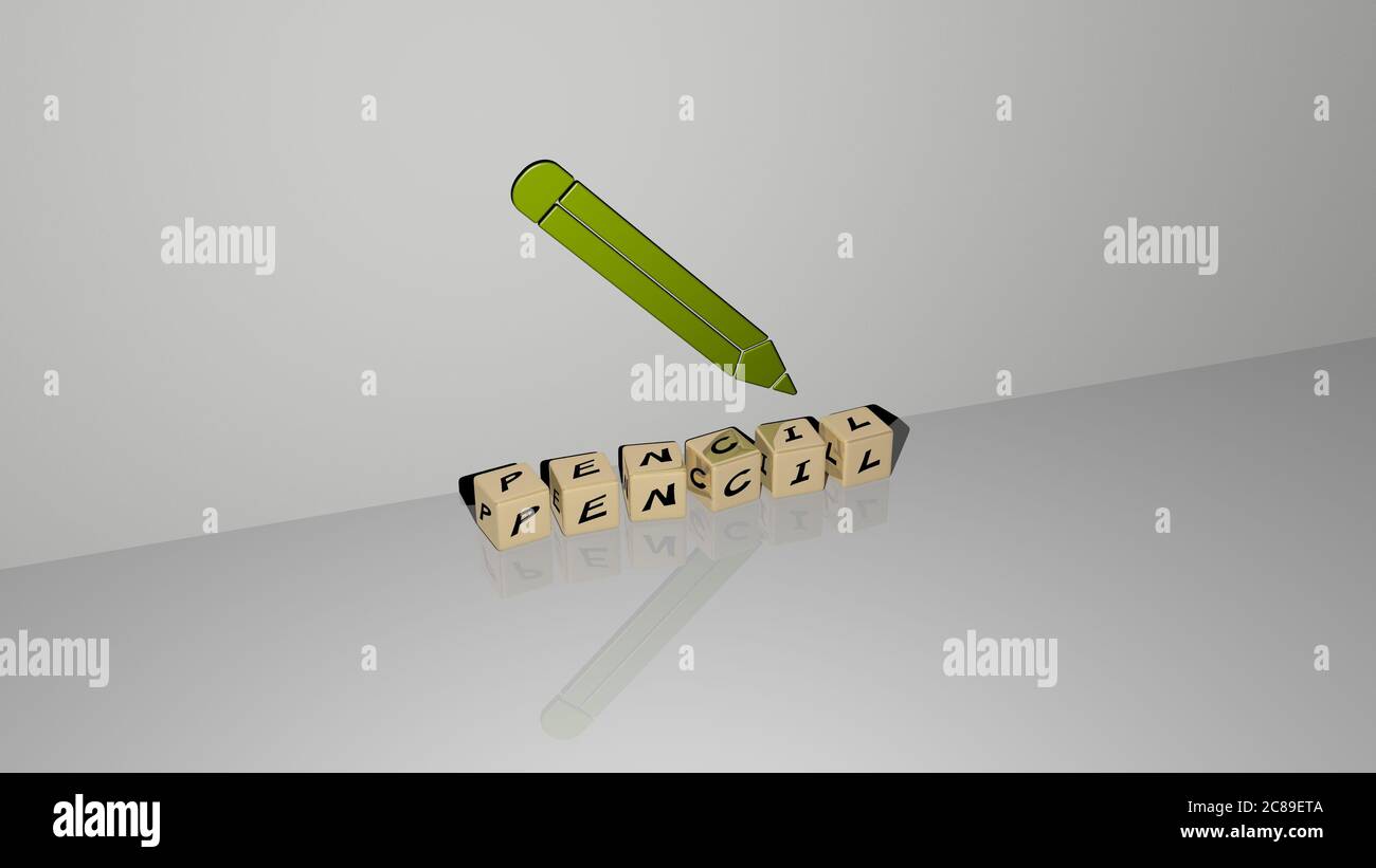 3D illustration of PENCIL graphics and text made by metallic dice ...