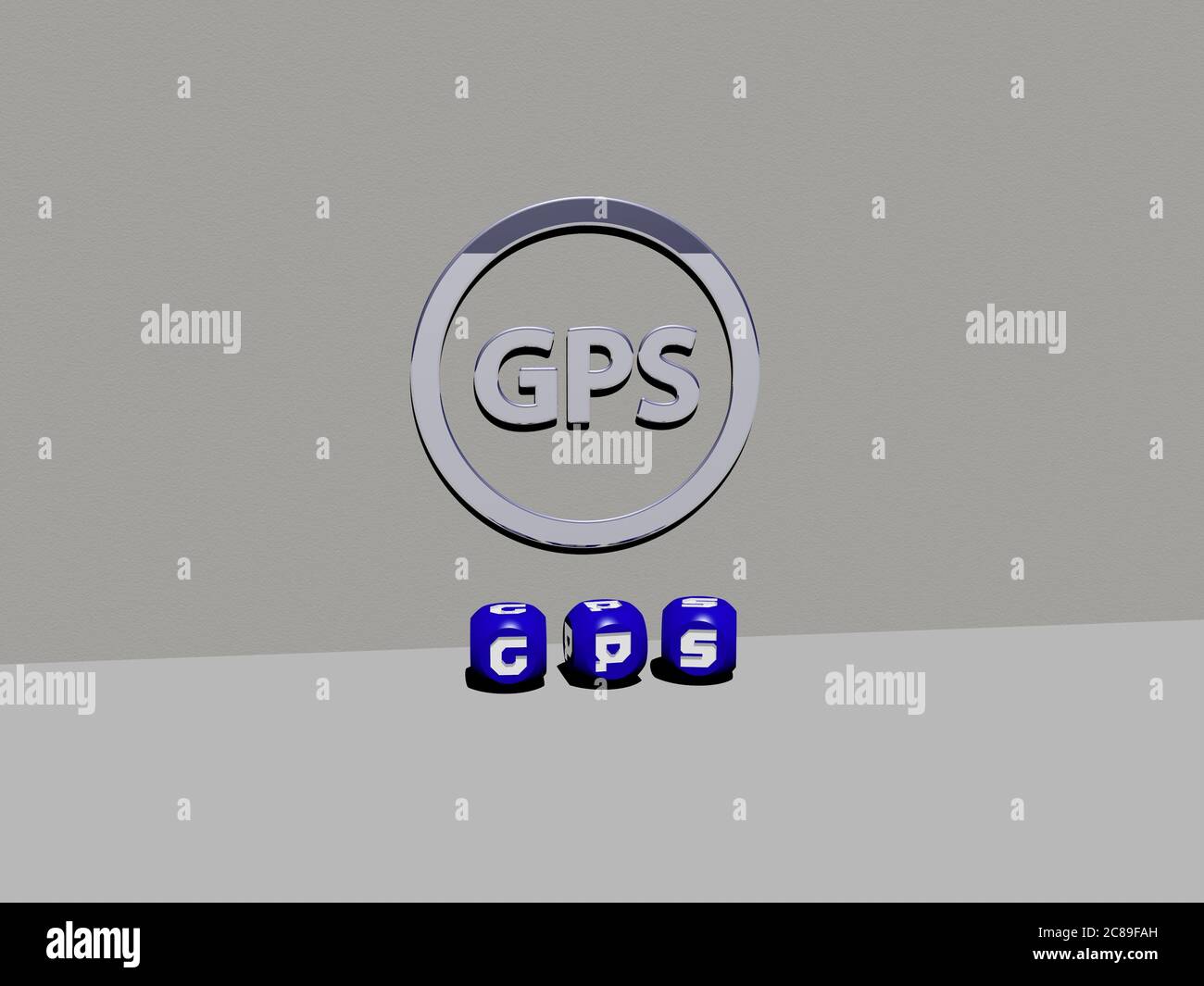 3D illustration of gps graphics and text made by metallic dice letters ...