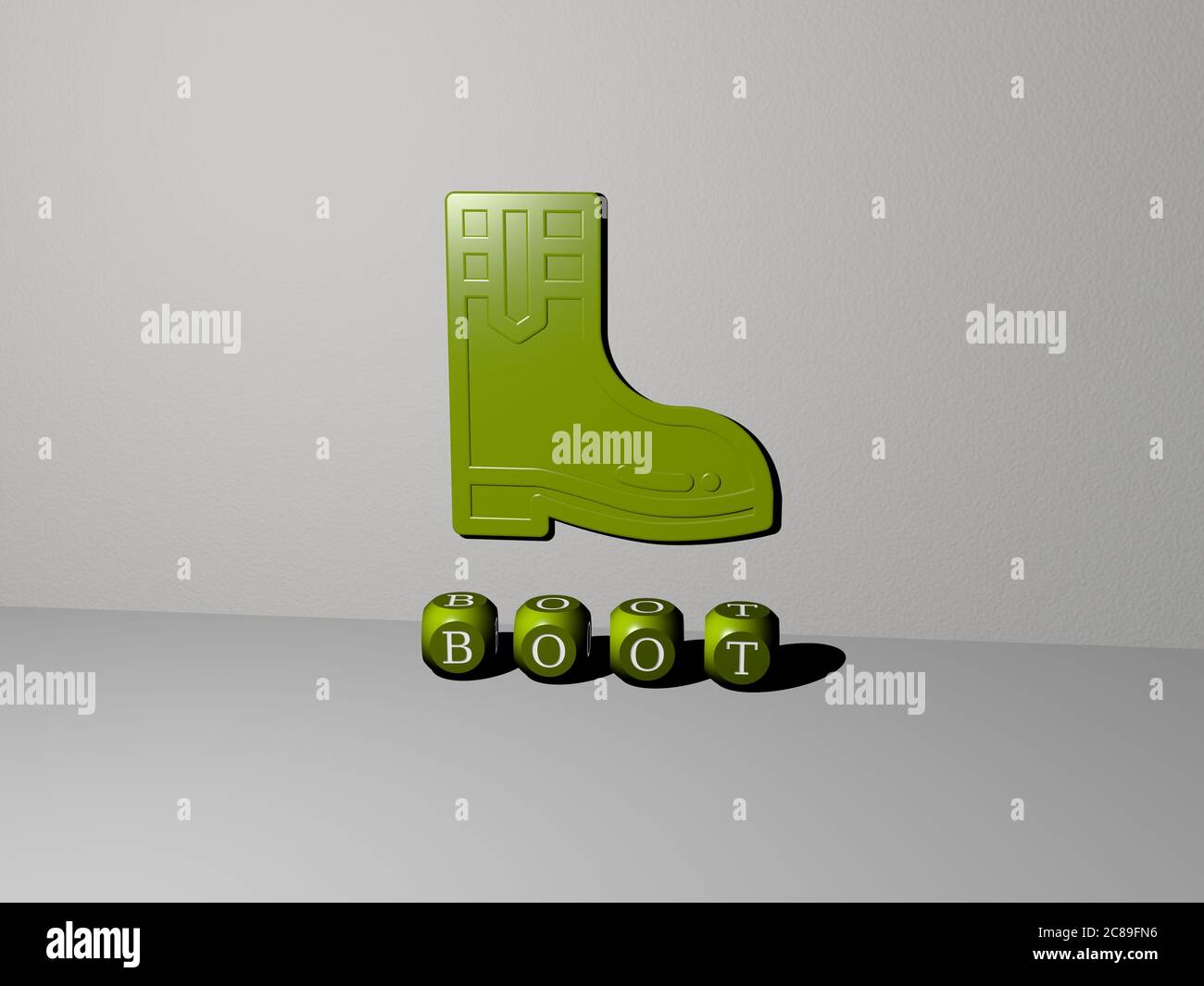3D illustration of BOOT graphics and text made by metallic dice letters ...