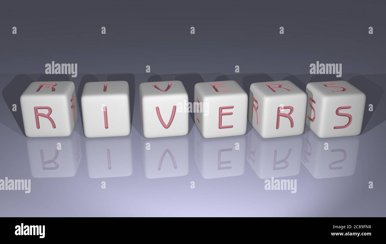 alphabetic Rivers arranged by cubic letters on a mirror floor, concept ...