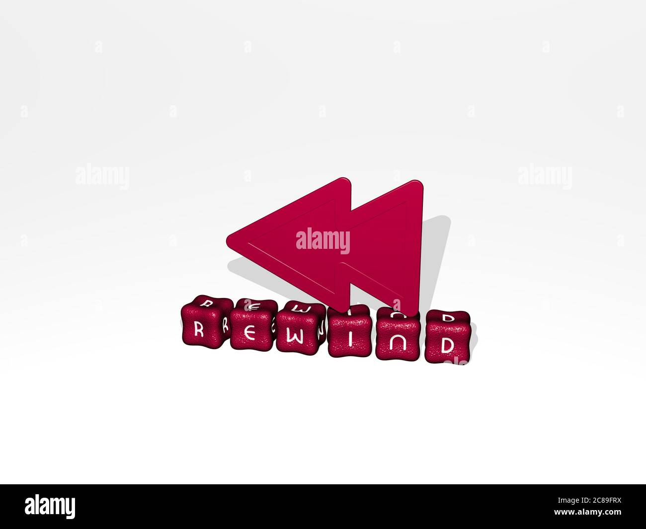 3D illustration of REWIND graphics and text made by metallic dice ...