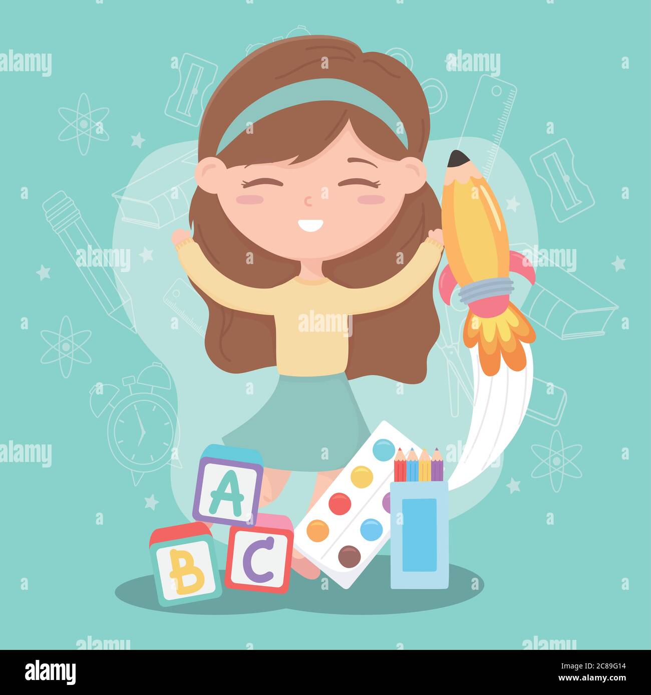 back to school, student girl with blocks alphabet education cartoon ...