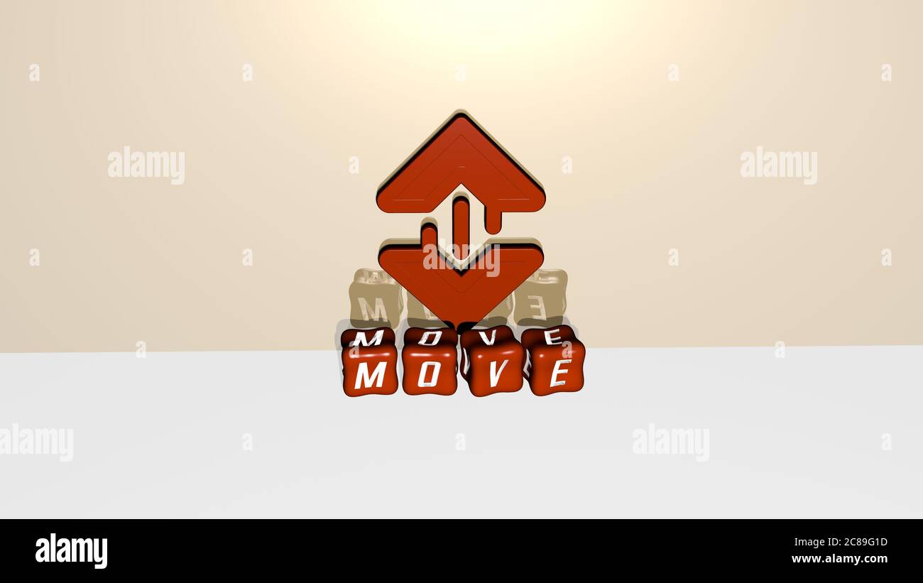 3D illustration of MOVE graphics and text made by metallic dice letters ...