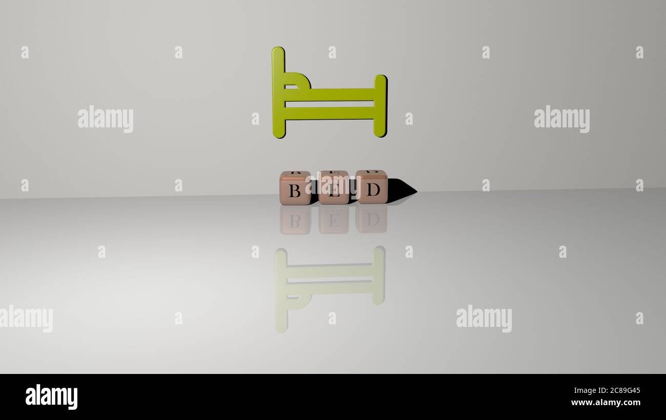 3D illustration of bed graphics and text made by metallic dice letters ...