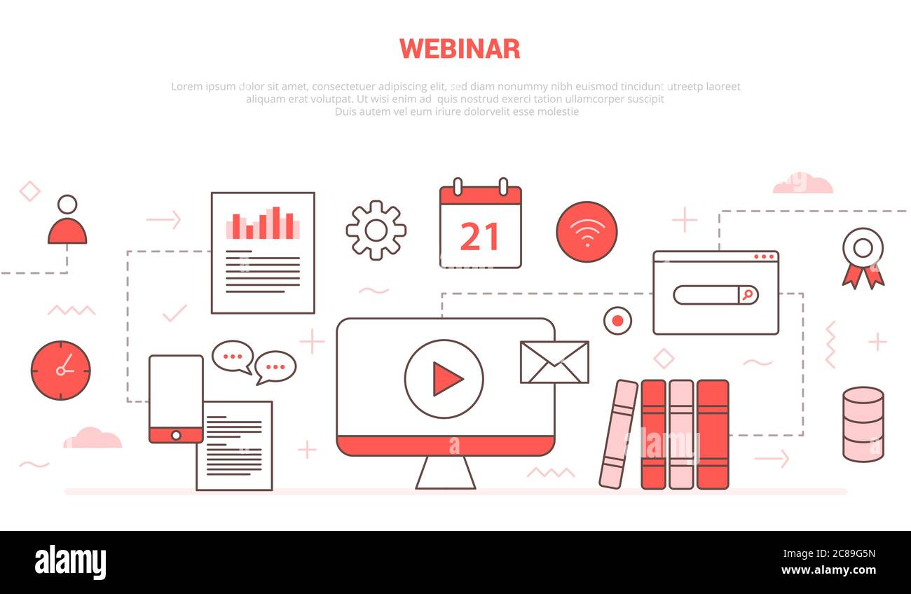 Webinar concept with icon set collection like computer video play chat ...