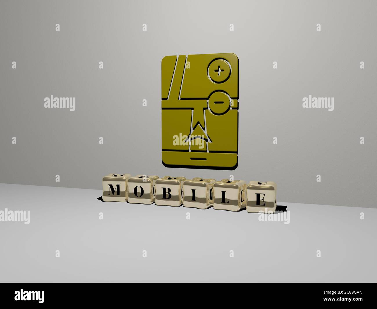 3D representation of MOBILE with icon on the wall and text arranged by ...