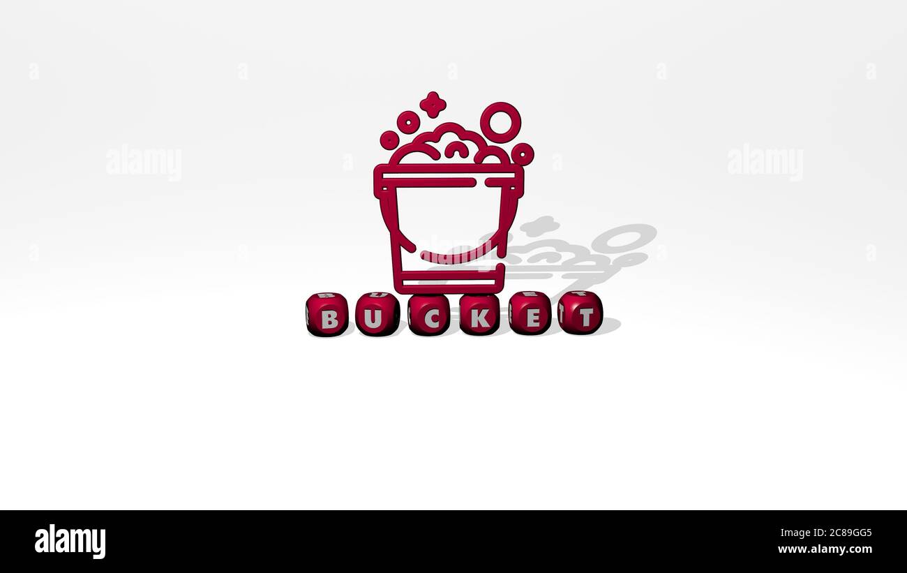 3D illustration of BUCKET graphics and text made by metallic dice ...