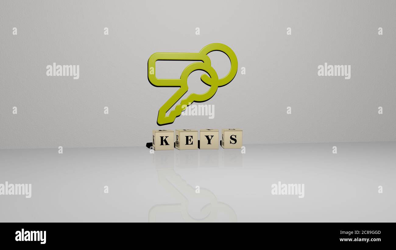 3D representation of keys with icon on the wall and text arranged by ...