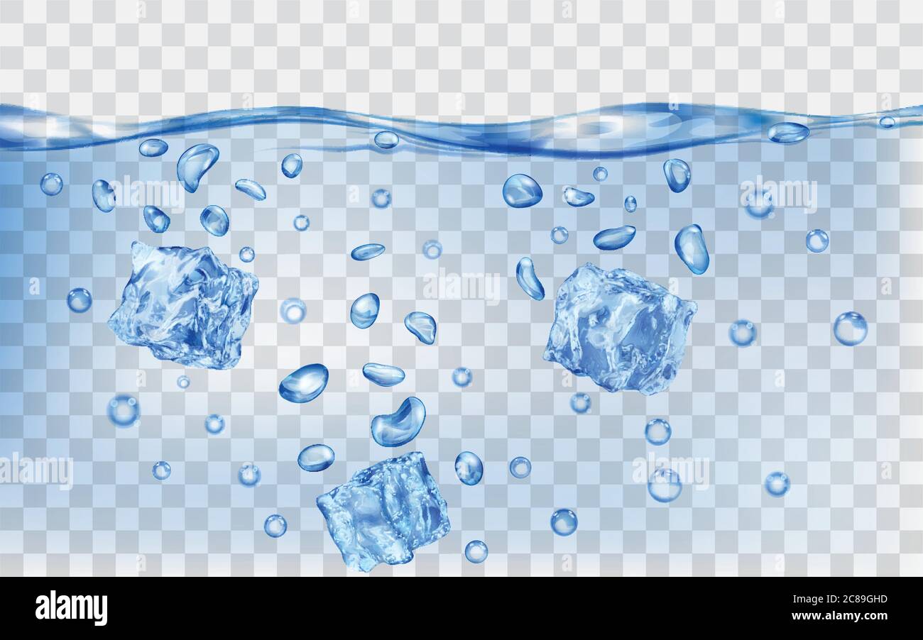 Three translucent blue ice cubes and many air bubbles under the surface ...