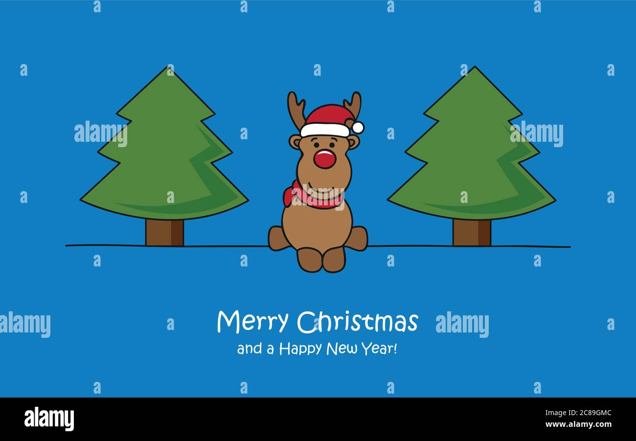 merry christmas greeting card with cute deer and trees vector ...