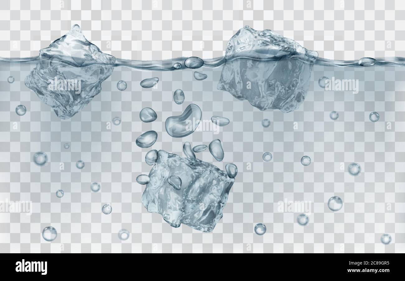 Three translucent gray ice cubes and many air bubbles floating in water ...