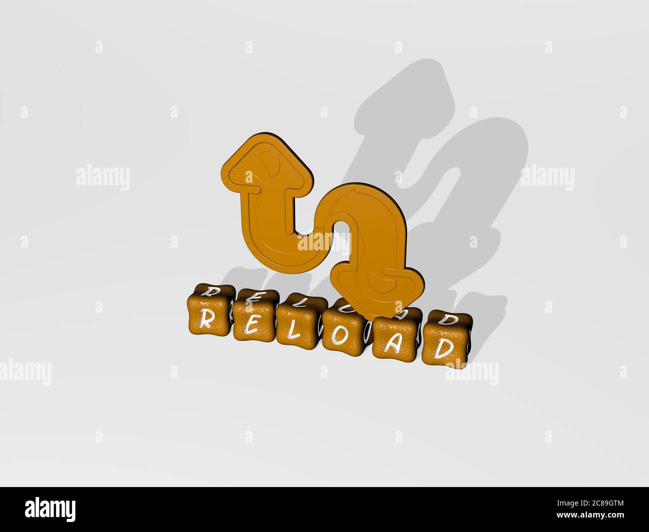 3D representation of RELOAD with icon on the wall and text arranged by ...