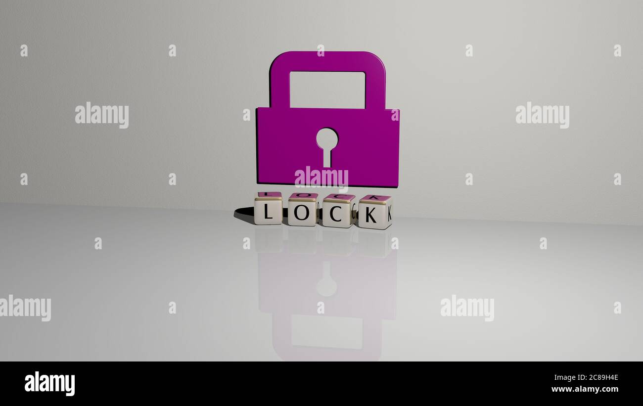 3D representation of LOCK with icon on the wall and text arranged by ...