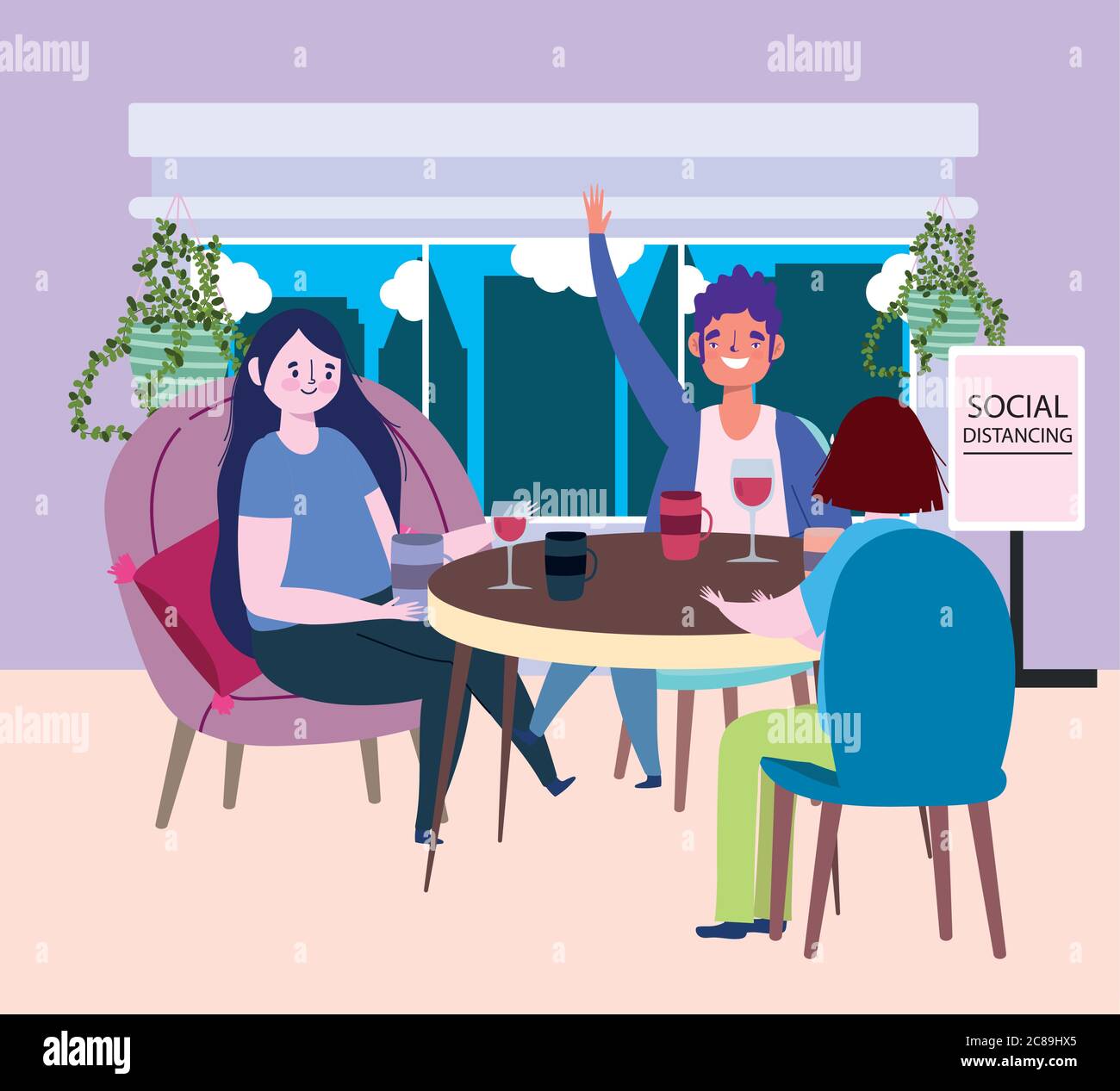 social distancing restaurant or a cafe, man and women sitting at table ...