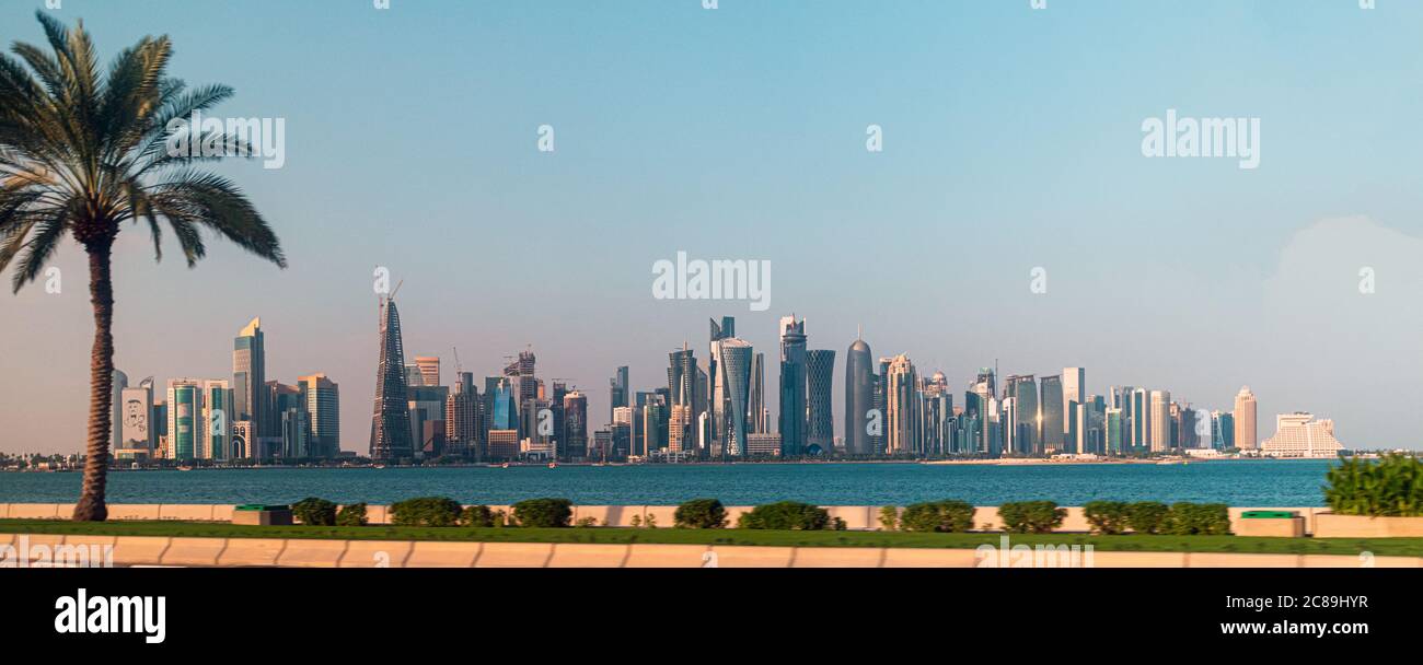 Doha, Qatar - Nov 21. 2019. View of West Bay Doha skyscrapers from Gulf ...