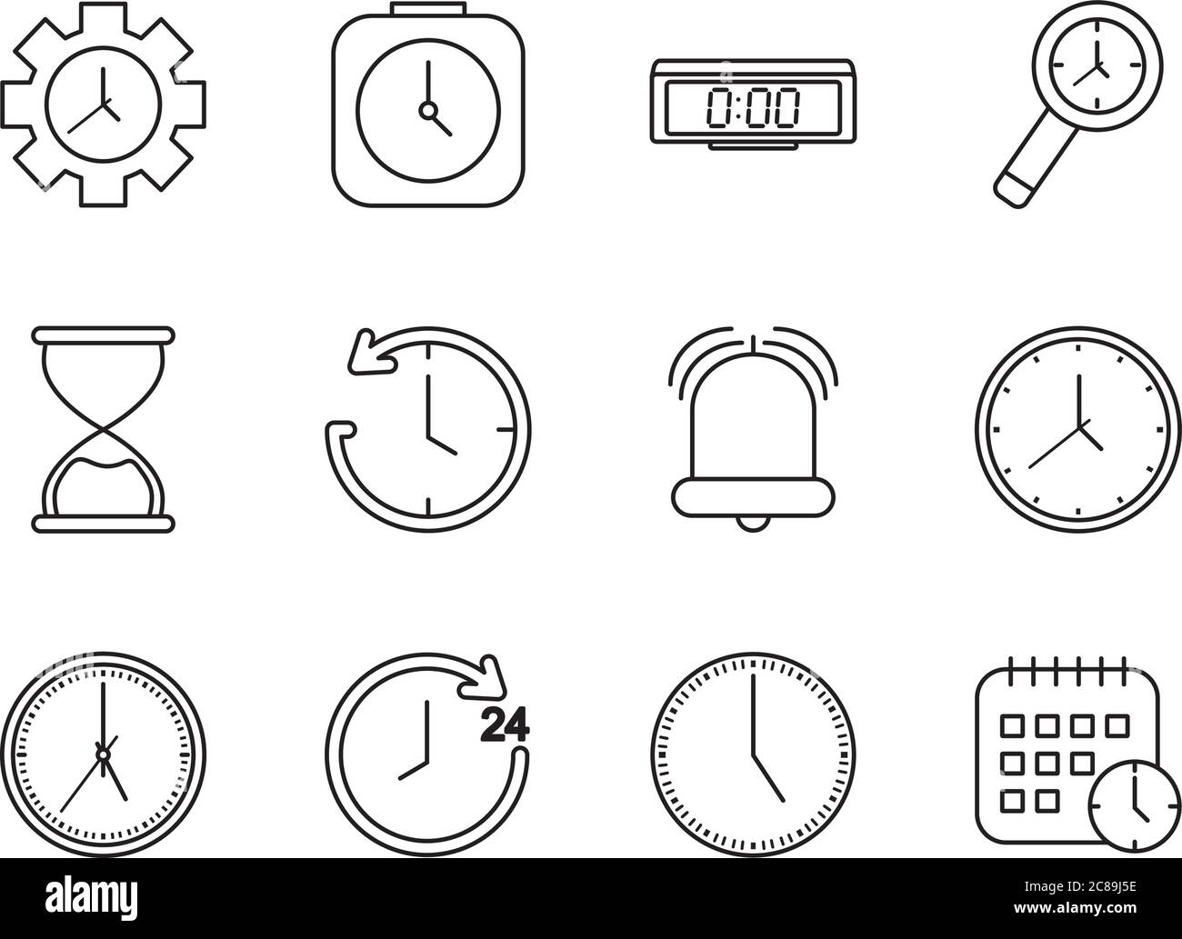 icon set of bell and time over white background, line style, vector ...