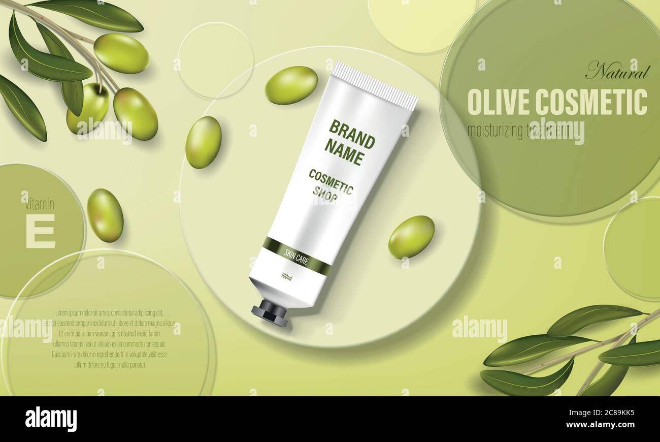 Moisturizing hand cream jar product ad with olive oil. Cosmetic poster ...